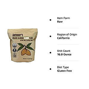 Anthony's Organic Almond Flour, 1 lb, Blanched, Gluten Free, Non GMO, Keto Friendly, Extra Fine, Low Carb