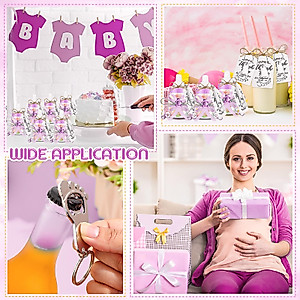 Sunnyray 72 Pcs Baby Shower Bottle Favors 24 Baby Mini Milk Bottles 24 Baby Footprint Keychain Bottle Opener 24 Thanks Tags Party Favors Gift for Girl Boy Baby Shower Decorations (Purple, Silver)