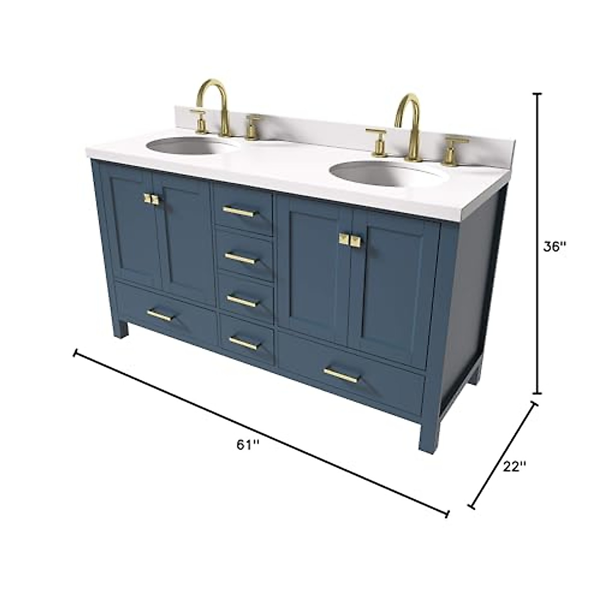 ARIEL Double Bathroom Vanity 61" Inch in Midnight Blue with Pure White Quartz Countertop, Oval Sinks, 4 Soft Closing Doors and 6 Full Extension Dovetail Drawers, No Mirror