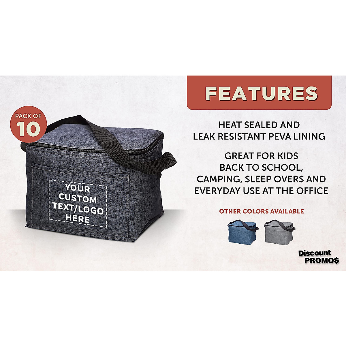 DISCOUNT PROMOS Custom Insulated Cooler Lunch Bag Set of 10, Personalized Bulk Pack - Perfect for Work, Travel, Outdoor Events - Black