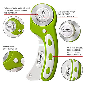 Amogto Rotary Cutter for Fabric, 45mm Fabric Cutter with 3pcs Rotary Cutter Blades, Ergonomic Quilting Supplies Tool for Leather, Crafting, Sewing, Quilting, Fabric Cutter Wheel for Left & Right Hand