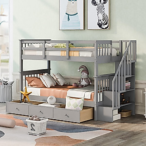 Harper & Bright Designs Twin Over Twin Bunk Beds with Storage Drawers and Stairs Wood Bunk Bed Frame for Kids Boys Girls Teens, Gray