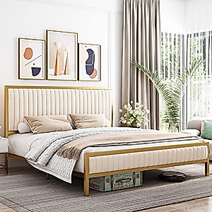 HIFIT King Size Bed Frame, King Bed Frame and Headboard, Heavy Duty Metal Foundation, Upholstered Bed Frame with Velvet Tufted Headboard, Wood Slats Support, No Box Spring Needed, Gold and Ivory White