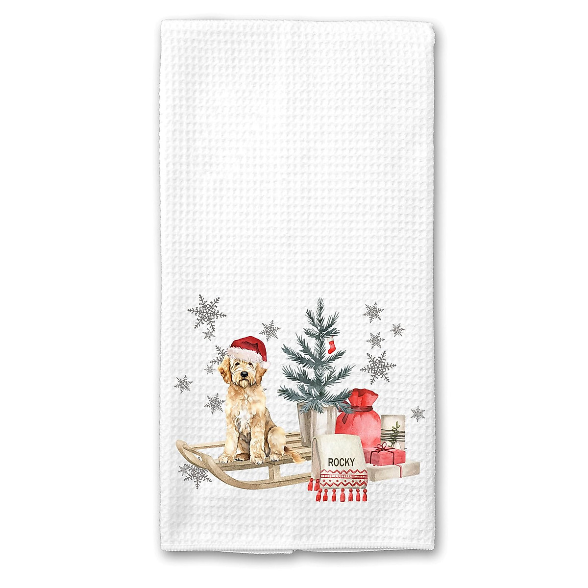 Studio 9Thirty3 Personalized Christmas Dog on a Sled Kitchen Waffle Towel, Breeds D-P, Dog Lover, Housewarming, Hostess, Personalized Gift (White, Doodle Golden)