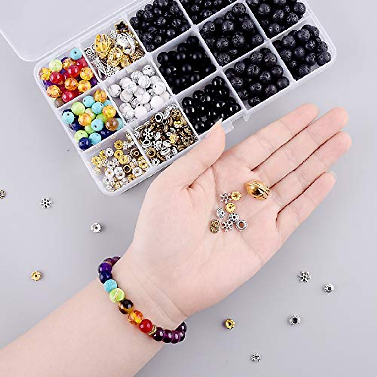Bracelet Making Kit Beads Bulk - 800Pcs Color Volcanic Gemstone Lava Rock Beads Bulk Chakra Beads Spacer Beads with Crystal String for Diffuser Bracelets DIY Jewelry Making Supplies (4mm 6mm 8mm)