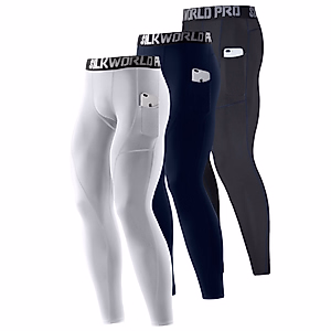 SILKWORLD Men's Compression Workout Pants Cool Dry Running Leggings Baselayer Athletic Tights, Pack of 3_Dark Navy+Black(Blue Double Stripe)+White,Large