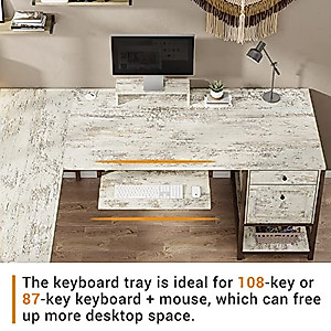 SEDETA 69" L Shaped Office Desk, Reversible L Shape Farmhouse Desk or Long Computer Desk, Corner Desk with Letter File Drawers, Keyboard Tray & Monitor Stand for Home Office, Rustic White.