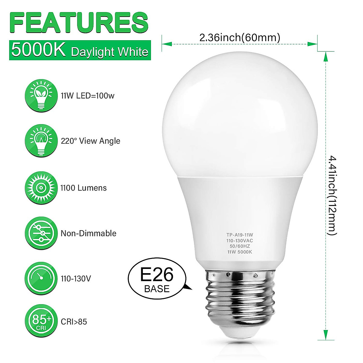 MAXvolador 12-Pack A19 LED Light Bulbs, 100 Watt Equivalent LED Bulb, 5000K Daylight White, 1100 Lumens, E26 Medium Base, CRI 85+, Non-Dimmable