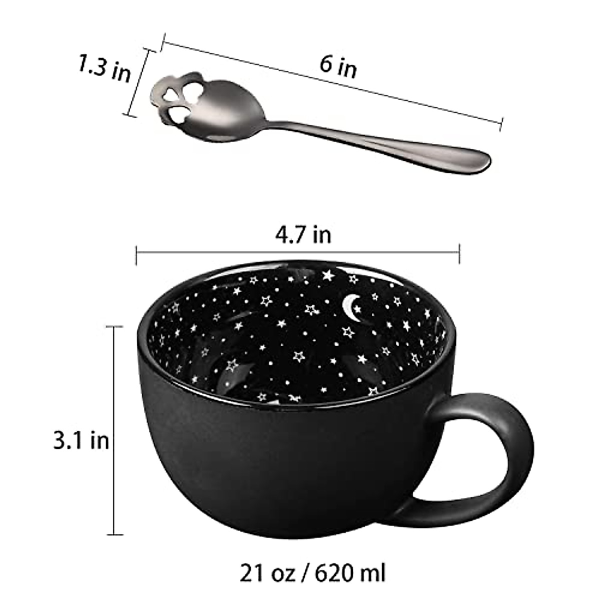 CALATOUR Set Of 2 Midnight Skull Coffee Large Mugs With Skull Spoons In Gift Box,Cute Halloween Spooky Witch Gifts Goth Decor Cool Novelty Tea Cups,21oz/620ml Porcelain(Midnight Black)