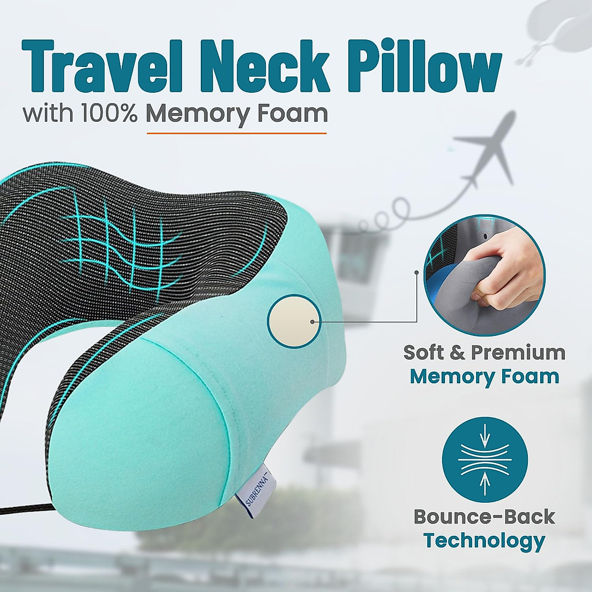 Adjustable Travel Pillow for Neck Support & Comfort, Lightweight Memory Foam Travel Neck Pillow for Sleeping - Washable & Breathable Plane Pillow for Traveling with Eyemask, Earplug & Carry Bag