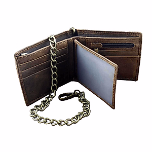 New Vintage Brown Leather Wallet With Chain Mens Bifold /Many Card Holder