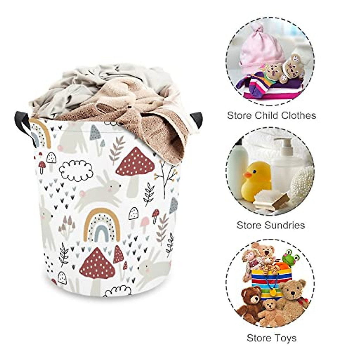 HoaMoya Collapsible Cute Cartoon Bunny Laundry Basket Spring Flowers Rainbow Mushroom Freestanding Laundry Hamper With Handles Large Waterproof Cloth Toy Storage Bin for Household Bedroom Bathroom