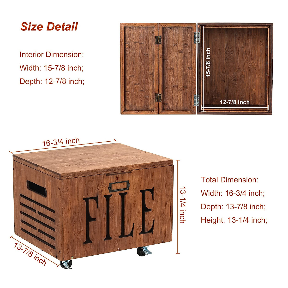 TQVAI Bamboo File Cabinet with Wheels, Hanging Letter Legal Document Folder, Mobile Filing Storage Box for Home Office, Coffee Brown