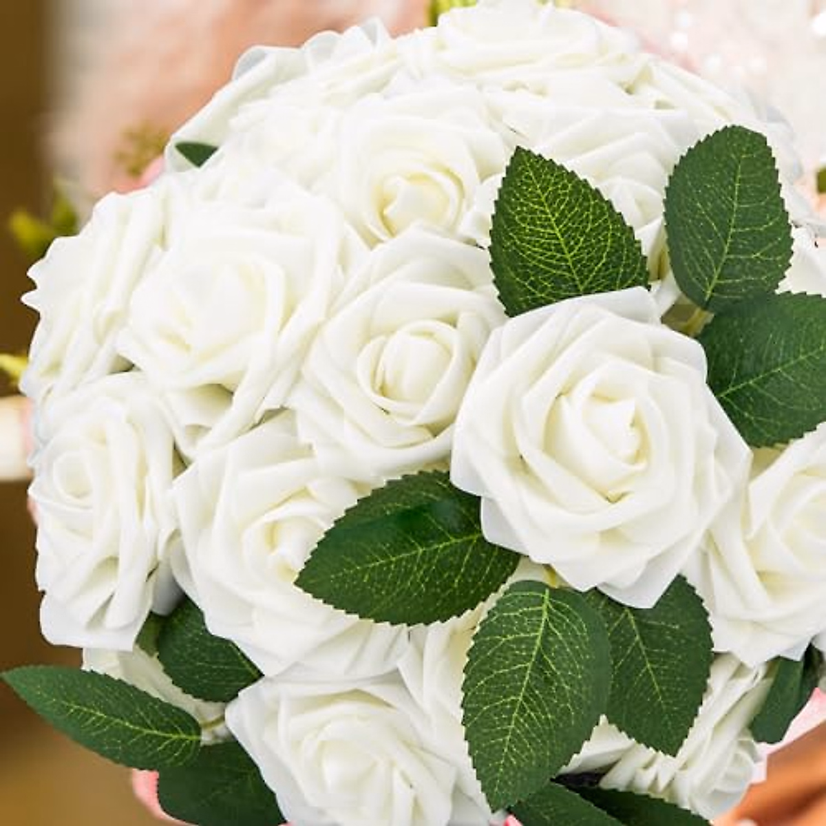 MEOKEY 25pcs Artificial Rose Flowers, Ivory Foam Fake Roses with Stems for DIY Wedding Bouquets White Bridal Shower Centerpieces Arrangements Party Tables Decorations