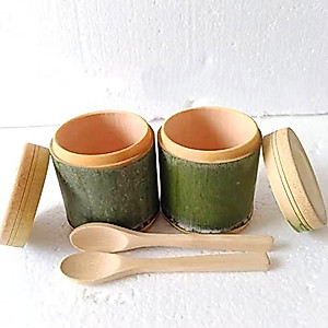 WellieSTR 2PCS (XXS/Dia.7~8cm/H 10cm) Natural Bamboo Steamer Bowl Rice Basket Dessert Cup Bamboo Wine Glass for Asian Food,Dim Sum,Rice,Bamboo Wrapped Sticky Rice Steamer,Snack Tool,with Spoon