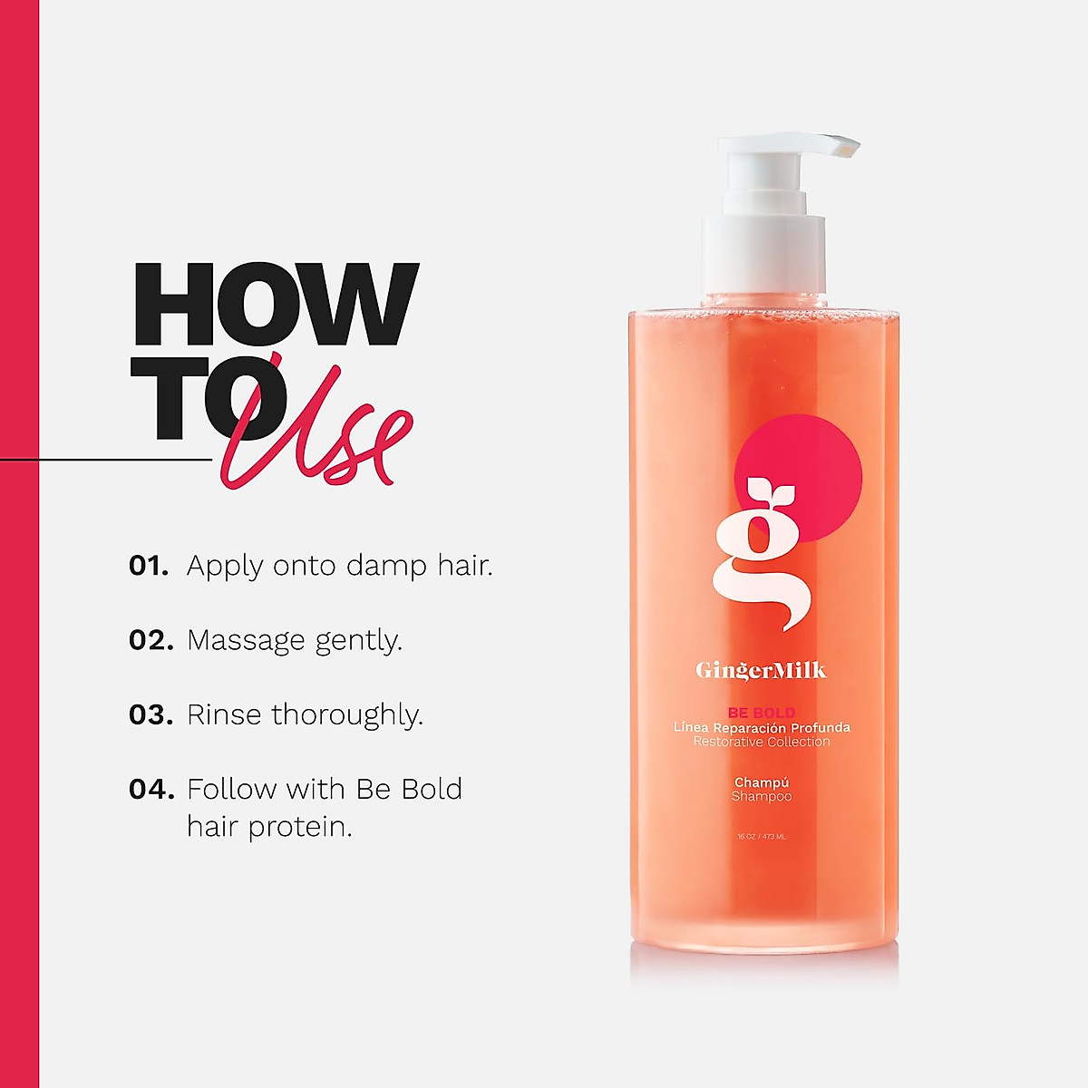 Ginger Milk Natural Care Intensive Repair Shampoo for Dry/Damaged Hair due to Coloring, Chemical Processes, hot styling tools and dryers | BE BOLD