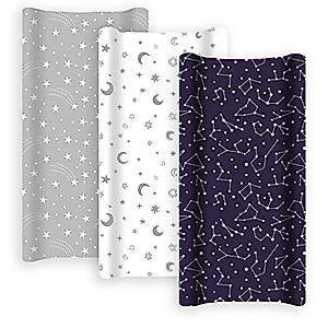 GROW WILD Changing Pad Cover 3 Pack | Soft & Stretchy Jersey Cotton | Baby Changing Table Pad Cover | Diaper Changing Pad Covers for Girls or Boys | Wipeable Sheets | Grey White Navy Blue Stars Moons