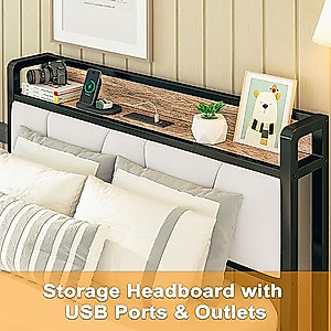 LIKIMIO Twin Bed Frames, Storage Headboard with Charging Station, Solid and Stable, Noise Free, No Box Spring Needed, Easy Assembly (Walnut and Beige)