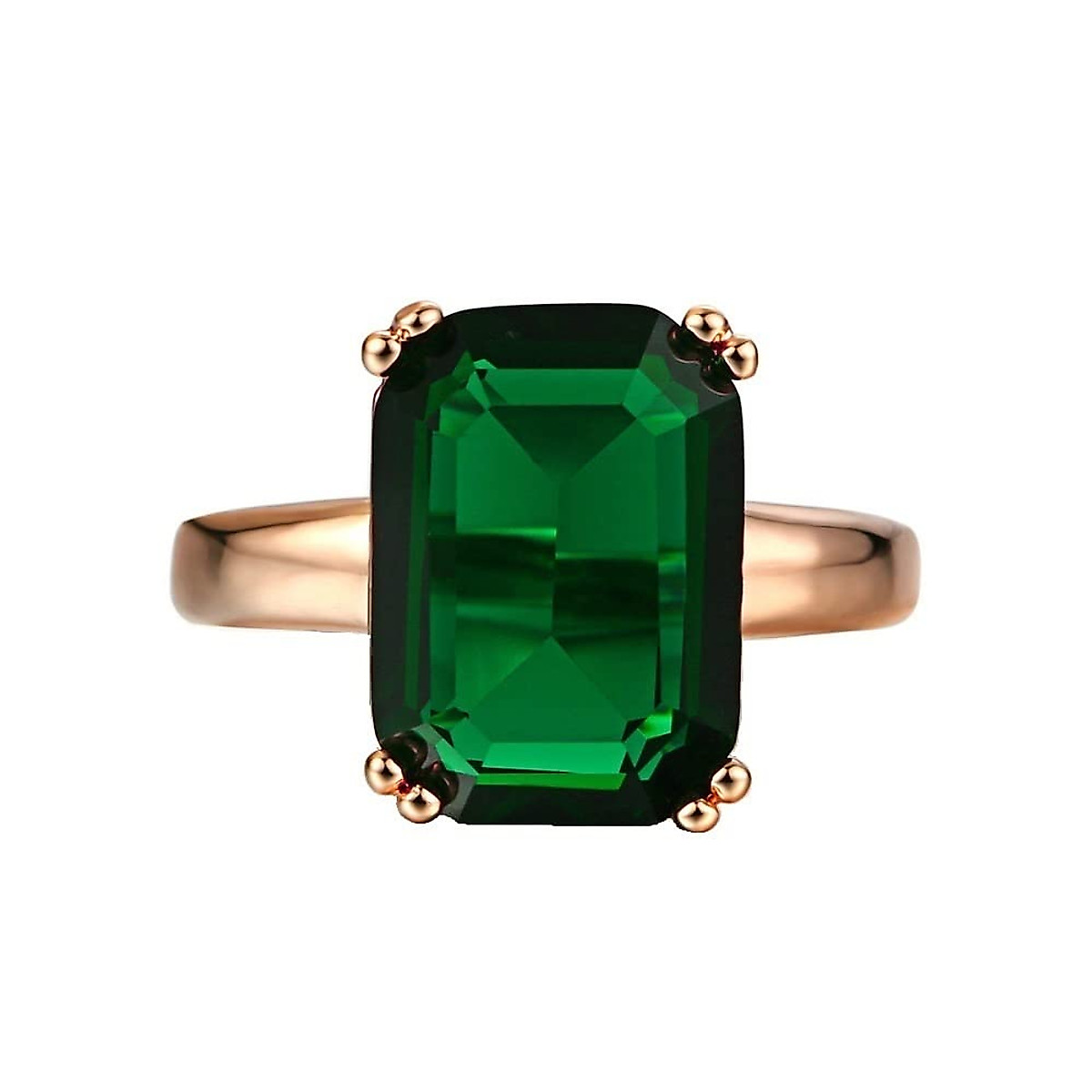 DCFSHEE Green Emerald-Shape Simulated Emerald Jewelry Ring with 18K Rose Gold Plated Silver Women's Engagement Solitaire Ring (US size 7)