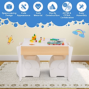 HONEY JOY Kids Table and Chair Set, 4-in-1 Children Wooden Activity Table and 2 Chairs for Art Craft, Reversible Blackboard, 3 PCS Toddler Furniture with Storage, Gift for Boys Girls (Natural)