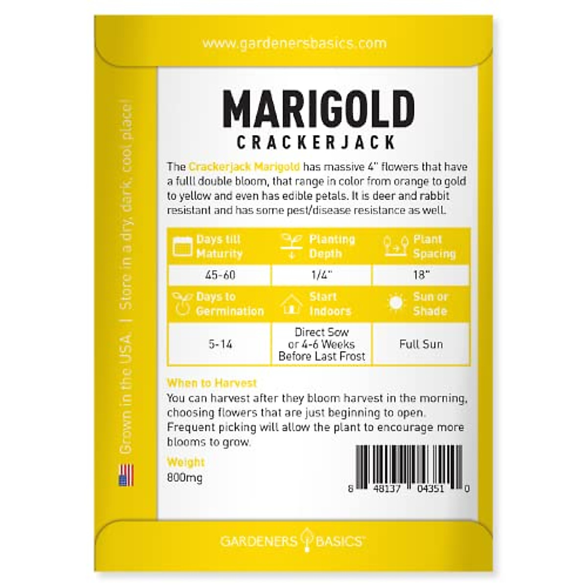 Marigold Seeds for Planting Outdoors (Crackerjack Variety) Annual Open-Pollinated, Heirloom, Non-GMO Flower Variety- 800mg Seeds Great for Summer Cut Flower Gardens by Gardeners Basics