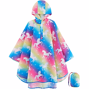 WAWSAM Lightweight Kids Rain Poncho Waterproof Kids Poncho Reusable Hooded Rain Jacket for Boys Girls