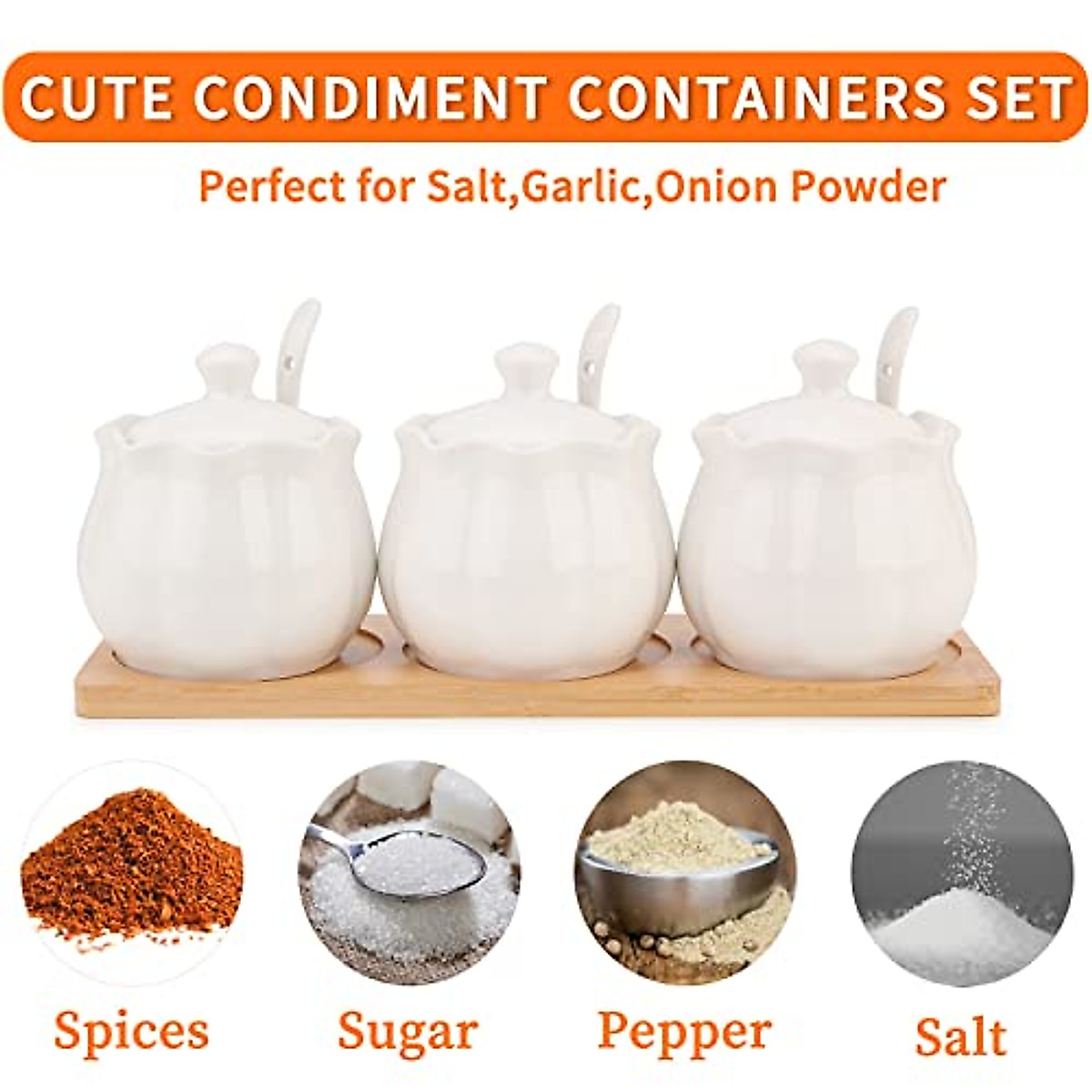 Sugar Bowls Set, Kitchenexus Condiment Jars Pots Set with Lids and Spoons Ceramic Salt Pepper Box Container, Canister Seasoning Box with Bamboo Tray 8.8 ounce/260 ml White