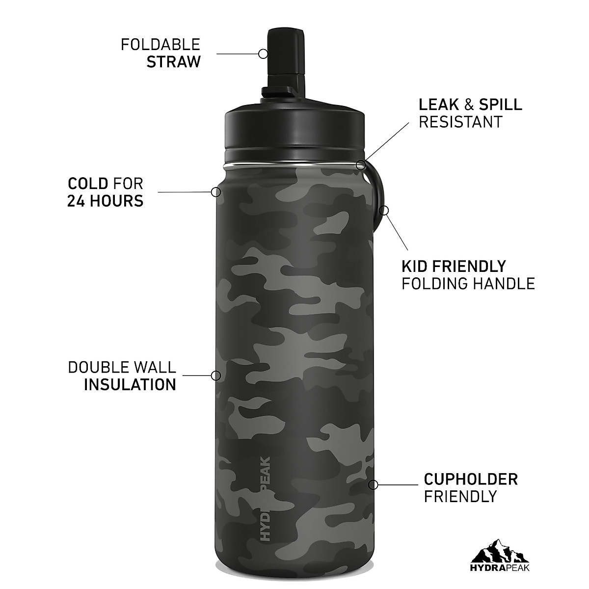 Hydrapeak Mini 20oz Kids Water Bottle with Straw Lid, Stainless Steel Double Wall Insulated Water Bottle for Kids | Leak-Proof and Spill-Proof Kids Water Bottle l Cold for 24 Hrs (Black Camouflage)
