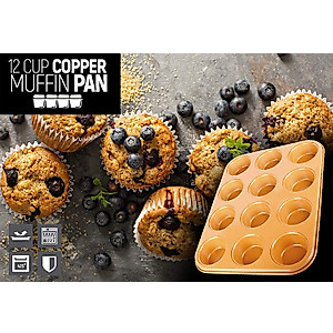 Copper Professional Healthy 12 Cup Cake and Muffins Baking Pan Sheet, Oven and Dishwasher Safe L