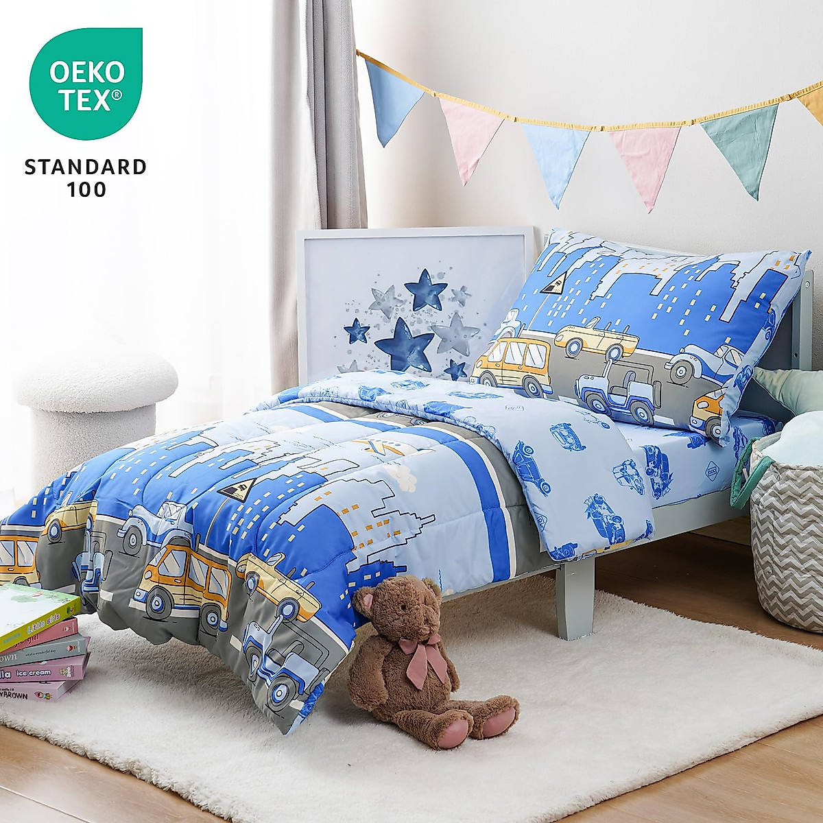 david's kids 4 Piece Toddler Bedding Set - Soft Breathable Toddler Bedding Set for Boys Girls, includes Quilted Comforter, Flat Sheet, Fitted Sheet and Pillowcase, Car