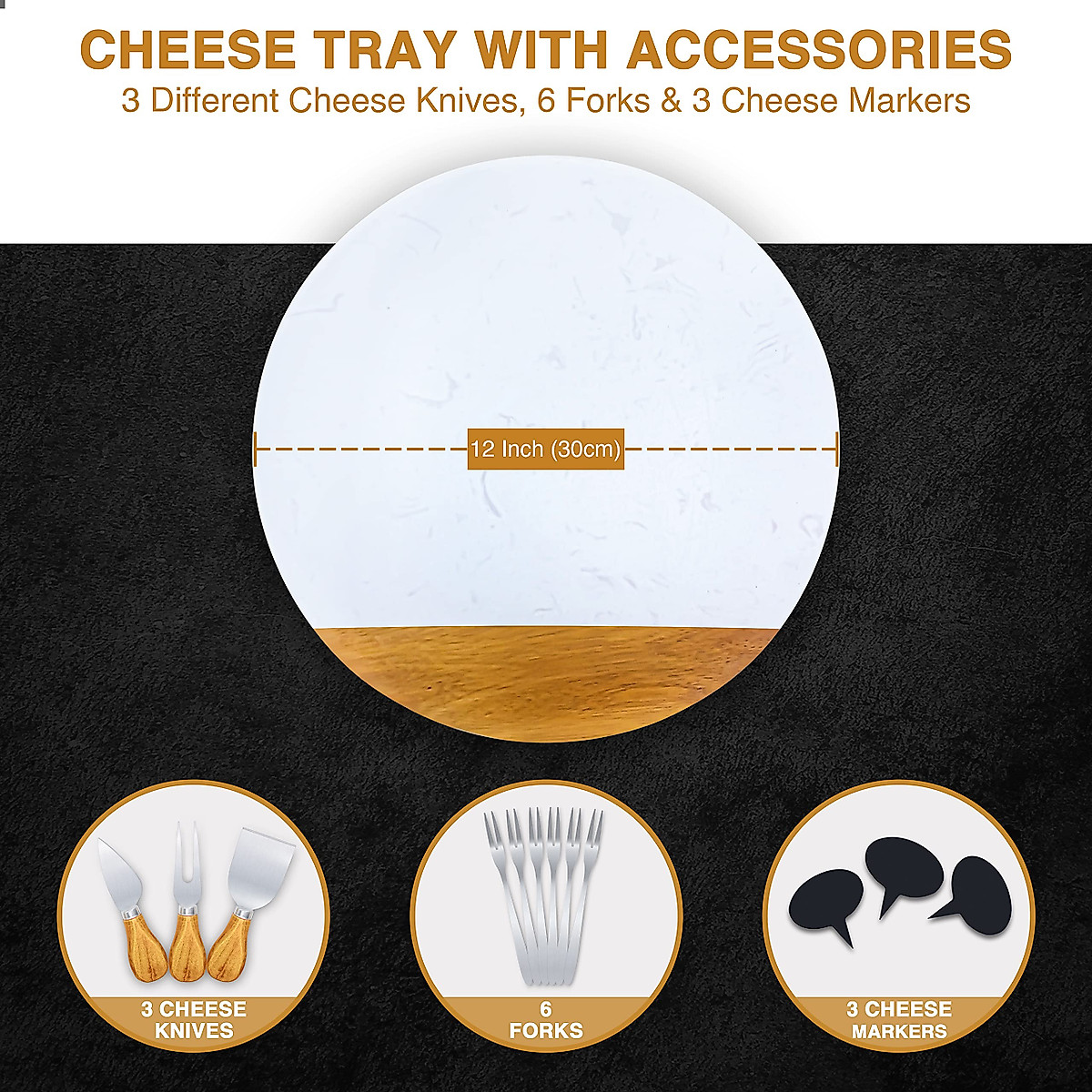 Cheffer Marble and Wood Cheese Board – Simple and Classy Round Charcuterie Boards with Cheese Knife Set, Cheese Marker, Forks – Acacia Wooden Board Serving – Sustainable Materials – 30cm