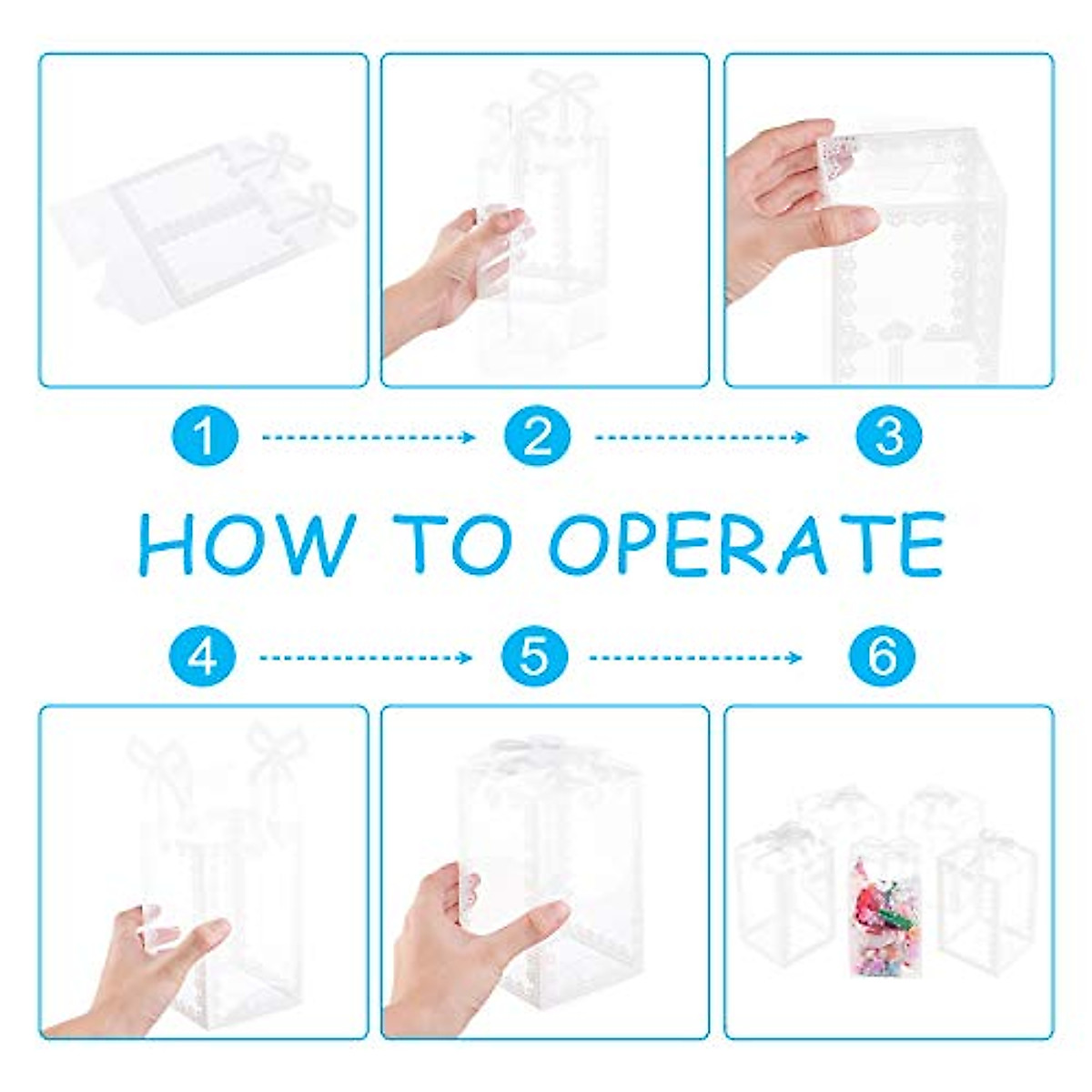 BENECREAT 24PCS 3.5x3.5x5.5 Clear Wedding Favour Boxes with Bowknot Pattern Rectangle PVC Transparent Gift Boxes for Candy Chocolate Wrapping