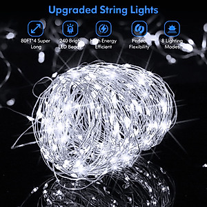 Super-Long 320Ft Solar String Lights Outdoor Waterproof, Solar Powered Fairy Lights 4-Pack 960 LED Silver Wire Twinkle Light, Solar Outdoor Lights Decorative for Garden Tree Christmas Daylight White