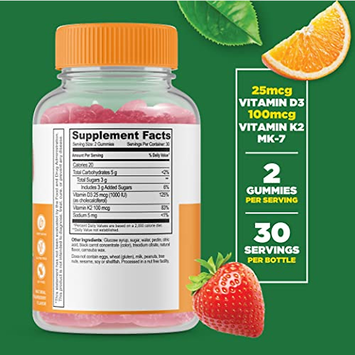 Lifeable Vitamin D3 + K2 - Great Tasting Natural Flavor Gummy Supplement Vitamins - Gluten Free Vegetarian and Non-GMO Chewable - for Strong and Healthy Bones - 60 Gummies (Adults)