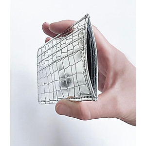 SWEDEY Super Shiny Slim Credit Card Holder Mini Front Pocket Wallet in Mirror Metallic Faux Crocodile pattern (Silver)