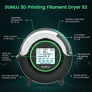SUNLU 3D Printer Filament Dryer, FilaDryer S2 Storage Dry Box for 3D Printing, 360° Surround Heating, Large-Size Touch Screen, Remove Moisture from Wet Filaments, Spool Holder, Black