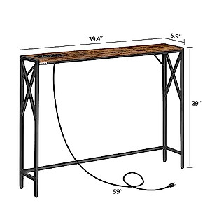 MAHANCRIS Sofa Table with Charging Station, 39.4” Console Table, Narrow Entryway Table, Slim Hallway Table, Retro Couch Table, for Entrance, Foyer, Living Room, Hallway, Rustic Brown CTHR151E01