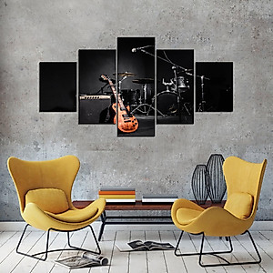 Modern Musical Instruments during Concert Canvas Prints Wall Art Large Black and White Poster with Frame Bedroom Decor Rock Picture Guitar Painting Artwork Decoration Ready to Hang(60''Wx32''H)