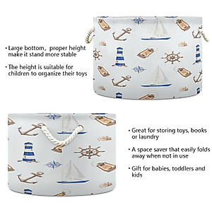 Kigai Watercolor Nautical Pattern Large Round Storage Basket with Handle, Collapsible Decorative Laundry Baskets for Blanket, Cotton Rope Organizer Toys Towels Nursery Hamper Bin, 20" x 14"