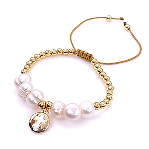 LESLIE BOULES 18K Gold Plated Round Cross Pendant Baroque Bracelet for Women Catholic Jewelry