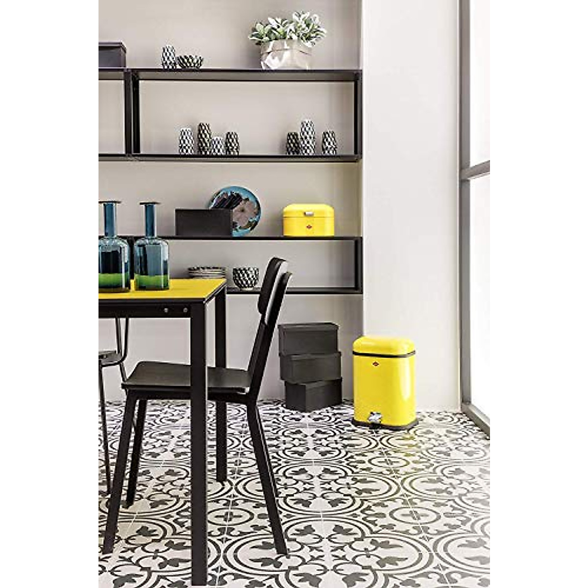 Wesco Single Boy-German Designed-Step Trash Can, Powder Coated Steel, 3.4 Gallon / 13 L, White, Black