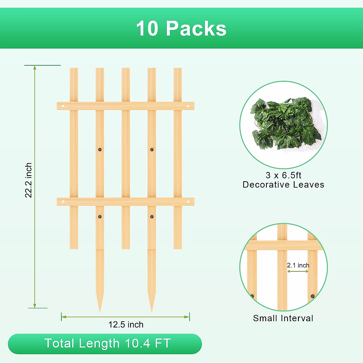 Decorative Garden Fence Bamboo 10 Pack 10.4 ft (L) x 22.2 in (H) Garden Fence Animal Barrier Fence Border for Small Dog Rabbit Flower Bed Fencing for Yard Patio Landscape Outdoor, Yellow