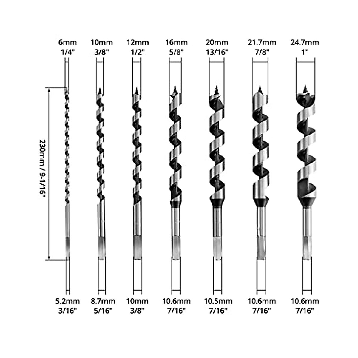 QWORK Auger Drill Bit Set, 7 Piece Set 9" Auger Bit Set Hardened Alloy Steel Ship Auger Bit Creates Deep Clean Hole Precise Drilling for Wood Drilling 1/4", 3/8", 1/2", 5/8", 3/4", 7/8",1"