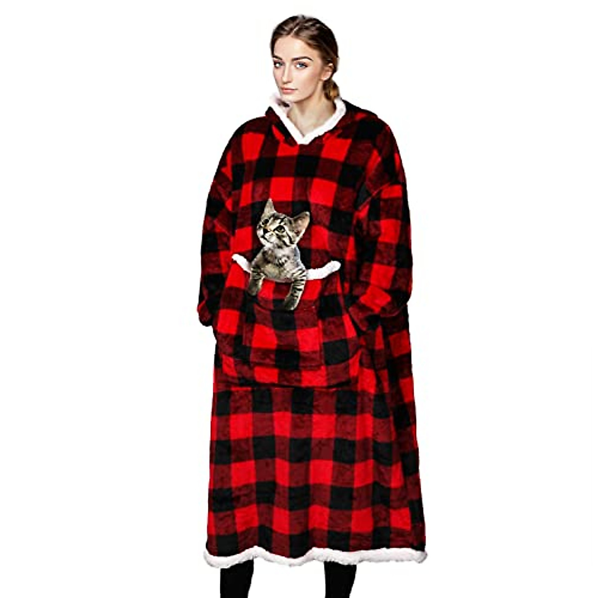 Warm Wearable Blanket Hoodie, Cozy and Soft Sherpa Pullover Sweatshirt w/ Giant Hood Pocket, Adults Comfortable Thick Fleece Throw Blanket for Spring, Autumn, and Winter