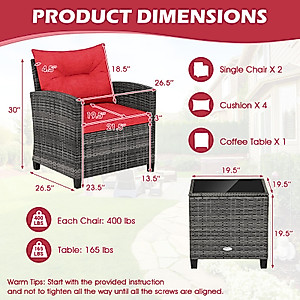 ORALNER Patio Furniture, 3 Pieces Outdoor Wicker Conversation Set Chairs with Soft Cushions and Glass Coffee Table, Rattan Bistro Set for Balcony Garden Deck Front Porch Poolside (Red)