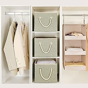 TOPIA HOME Closet Organizers and Storage Bins for Shelves, 3-Pack Foldable Storage Baskets for Organizing with Rope Handles, Collapsible Fabric Cube Organization Boxes, Large, Green, TP02E