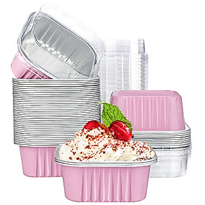 EUSOAR Cupcake Liner, 50pcs 10oz Pink Foil Mini Flan with Lids, Loaf Pans Aluminium Tins for Baking, Disposable Creme Brulee Cups Dessert Containers for Pie Souffle, Cake Holder for Party Serving