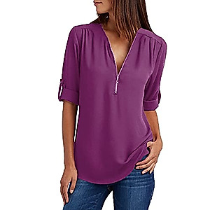 Crop Workout Tops for Women Summer Business Casual Tops Half Sleeve Zipper v Neck Tunic Shirts Solid Work Office t-Shirt Blouse