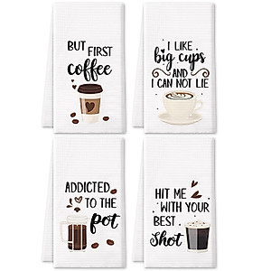 Vansolinne Coffee Kitchen Towels Funny Dish Towels Coffee bar Decor Set of 4 - Decorative Waffle Towels，Funny Hostess Gift,Housewarming Gift,Wedding Shower Gift,Gifts for Mom
