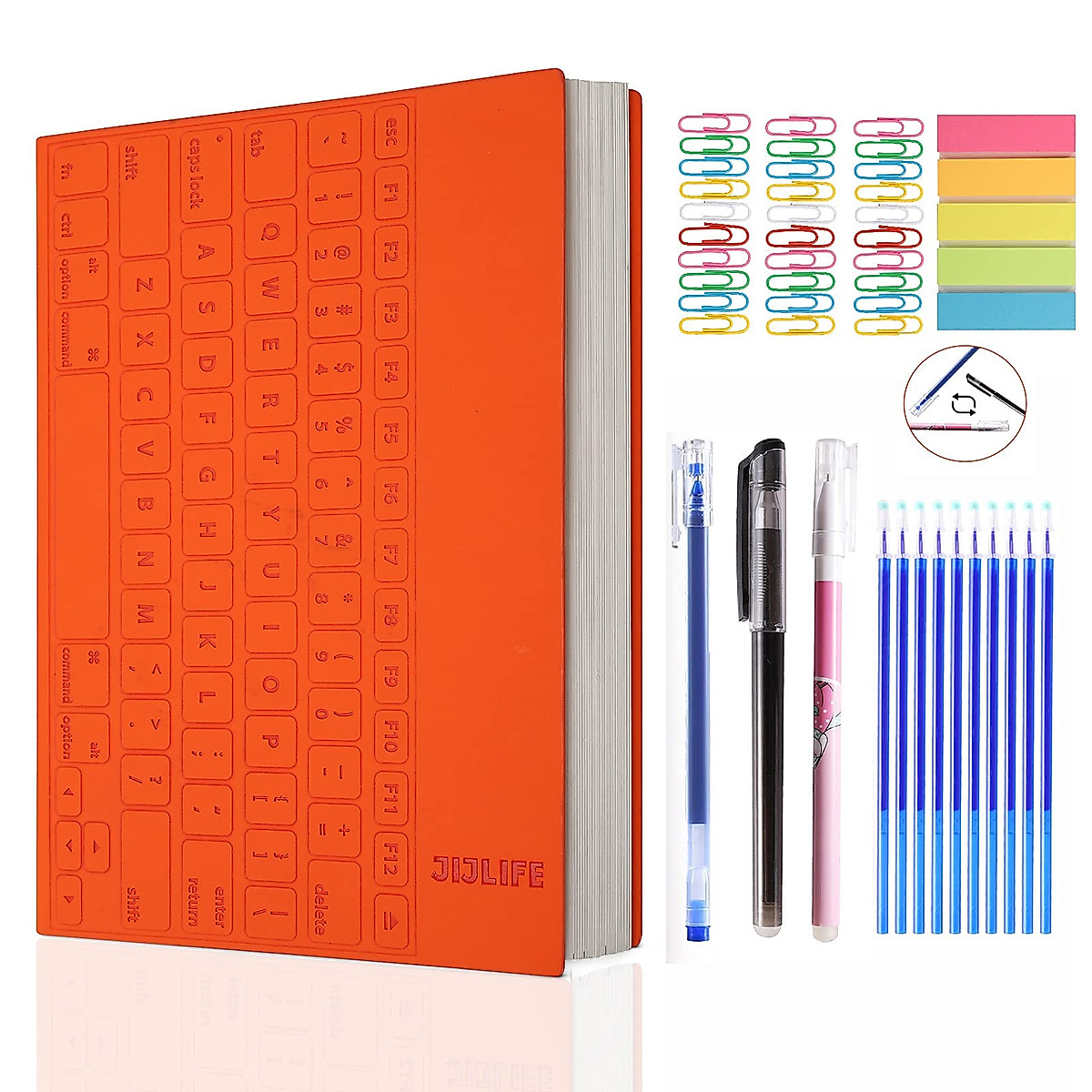 JIJLIFE Smart Reusable,and Durable keyboard pattern A5 Size (8.27"×5.9") Premium Orange Leather Notebook With An Erasable blue/black refill Pen And a Free Notebook of Ordinary And a Set of Brightly Colored Memo And Paper Clips
